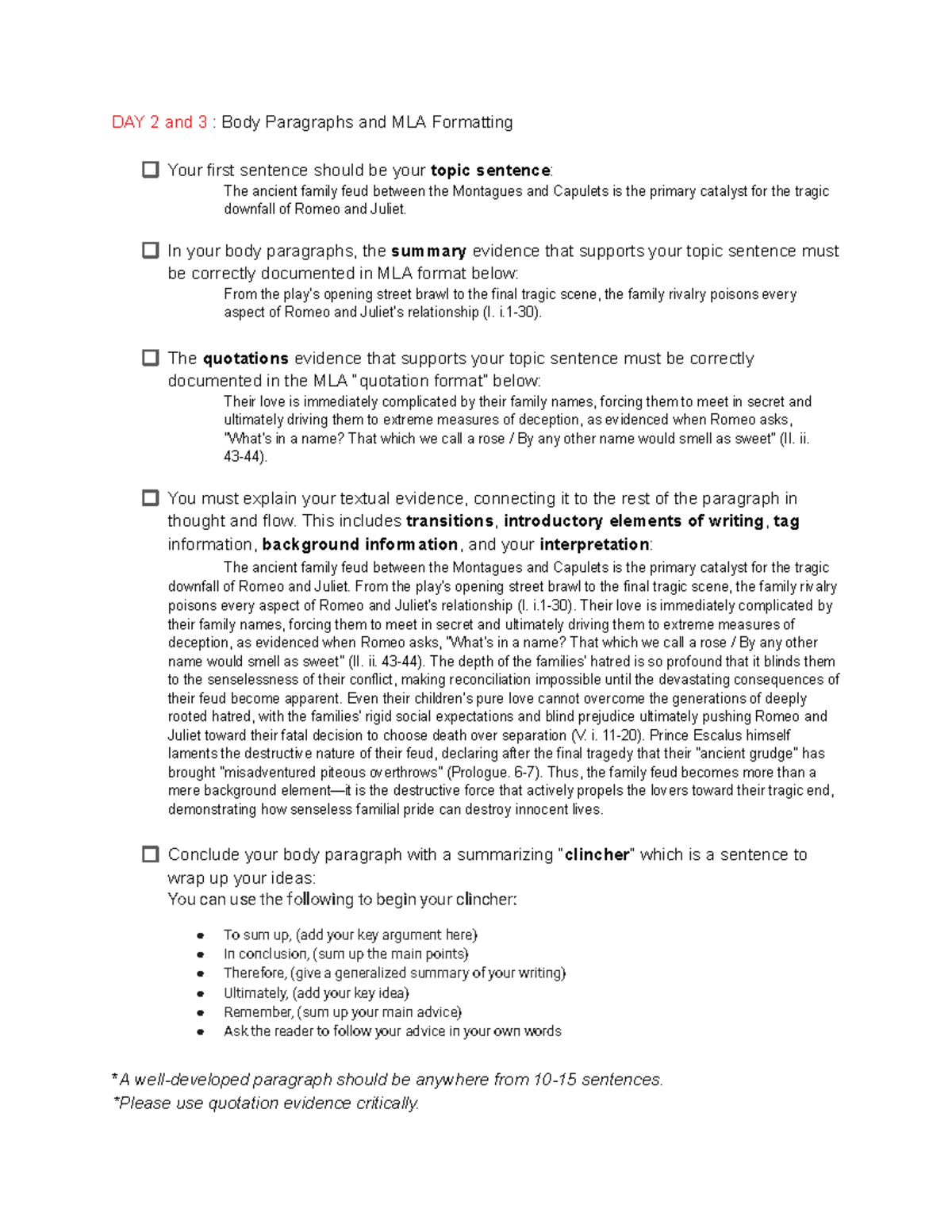 ENG 101: Body Paragraphs & MLA Formatting Guide (Days 2 & 3) - Studocu