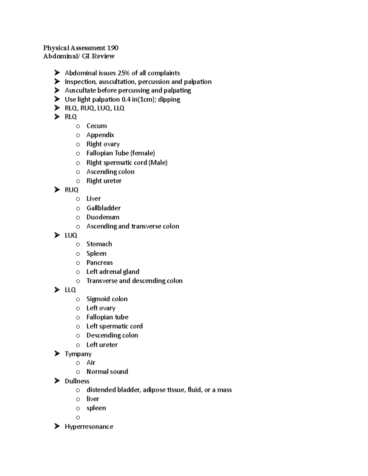Abdominal/GI Physical Assessment Notes - Review and Key Findings - Studocu