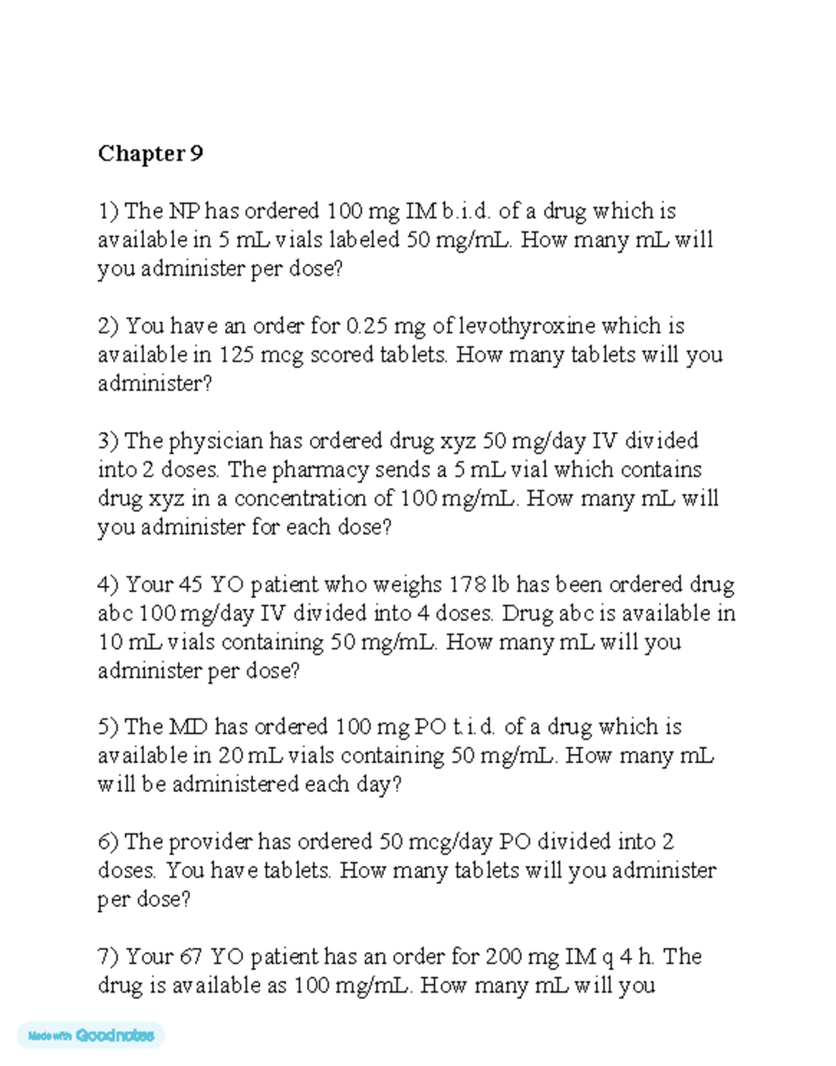 Chapter 9 & 10 Medication Math Questions for Nursing Students - Studocu