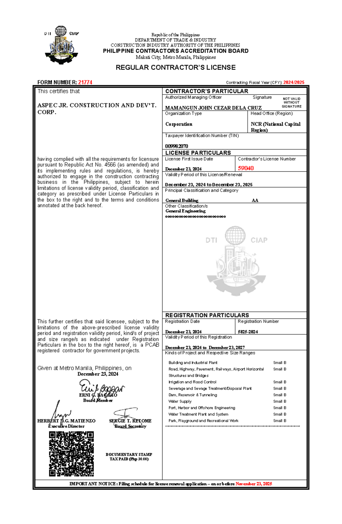 Philippine Contractors Accreditation Board License Form No. 21774 - Studocu