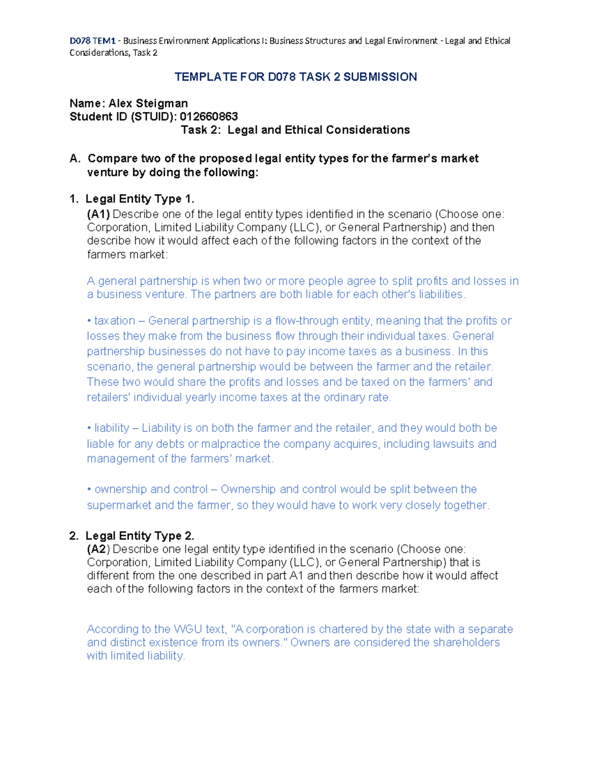 D078 TEM1 Business Environment Task 2: Legal & Ethical Considerations ...