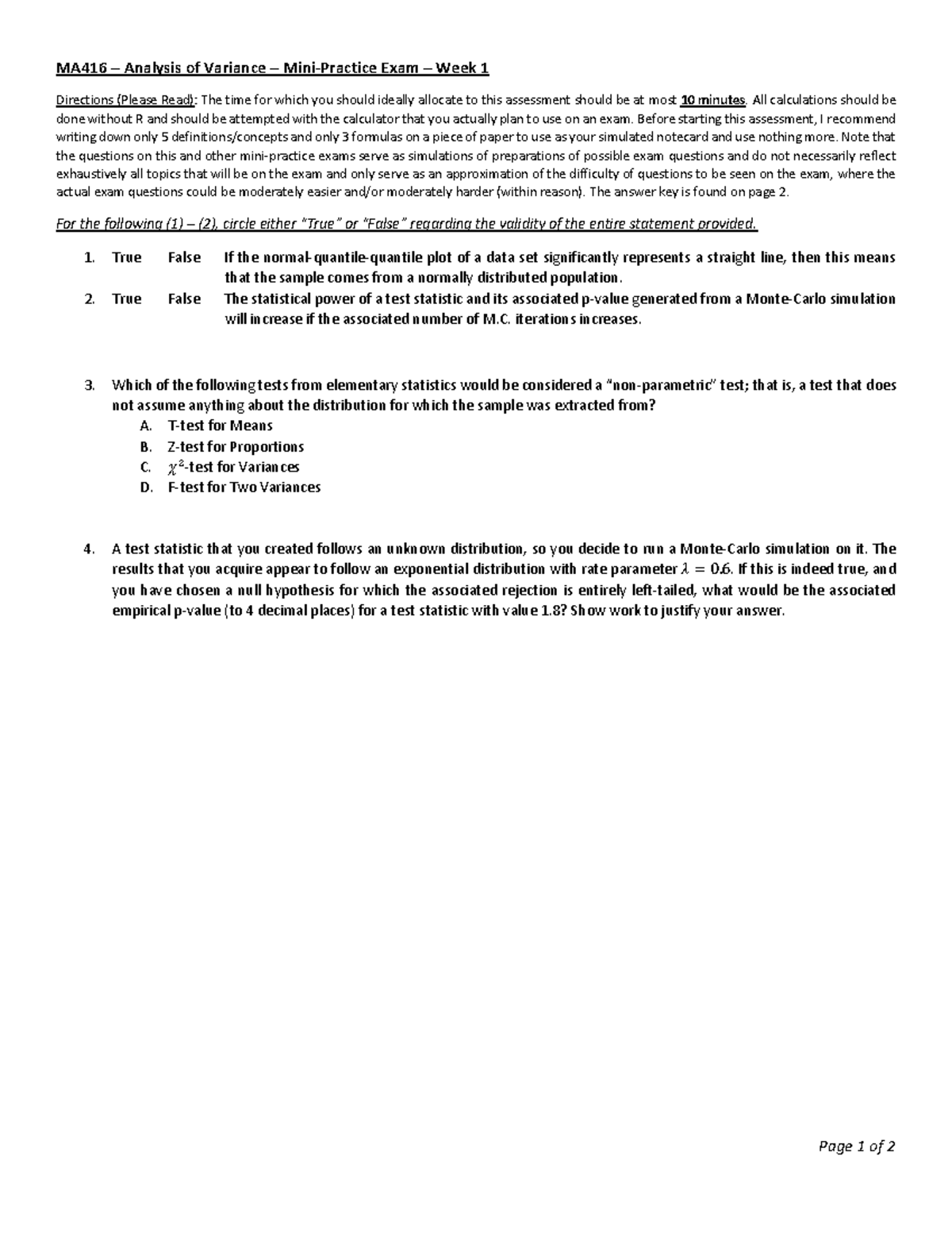 MA 416 FA24 Week 1 Mini-Practice Exam - Homework Review - Studocu