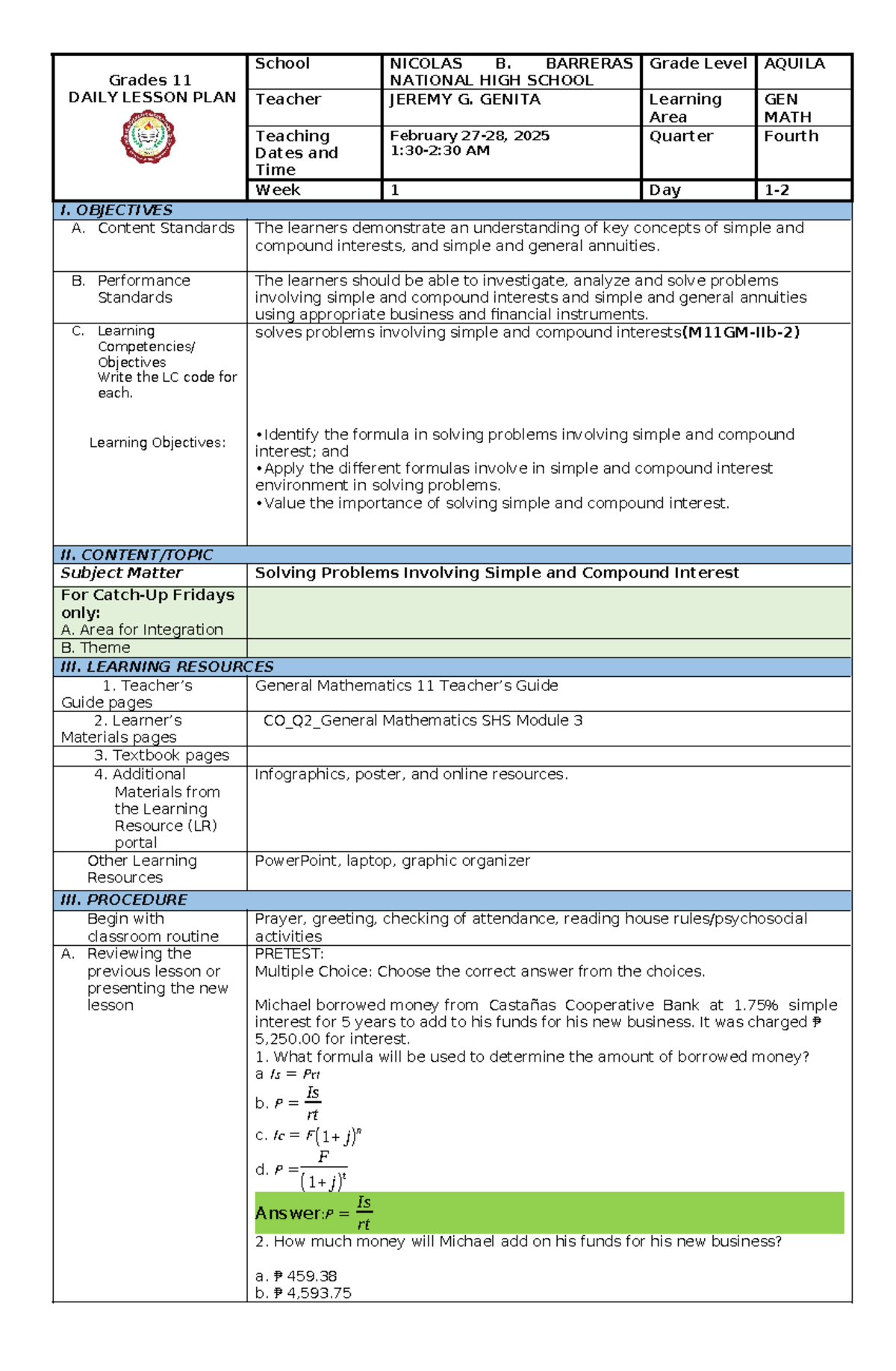 Genmath 11 Daily Lesson Plan: Simple & Compound Interest Concepts - Studocu