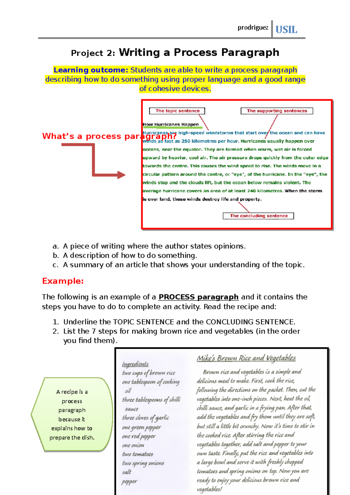 Writing Process Paragraphs student's material - Project 2: Writing a ...