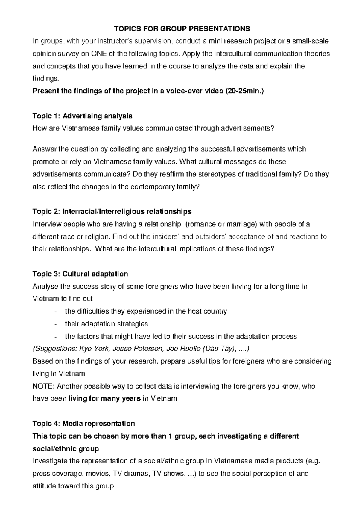 Intercultural Communication Project Topics QH2024: Group Presentation ...