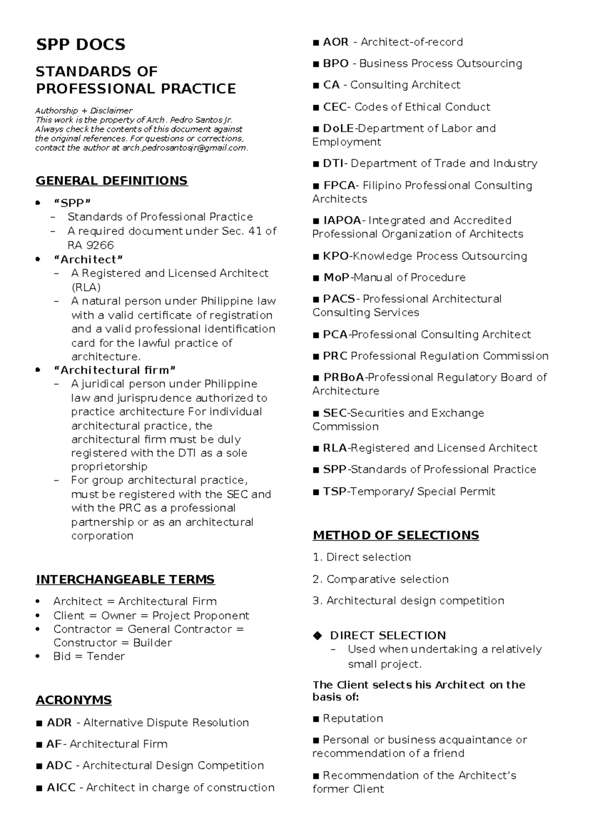 SPP DOCS - Standards of Professional Practice by Arch. Pedro Santos Jr. - Studocu