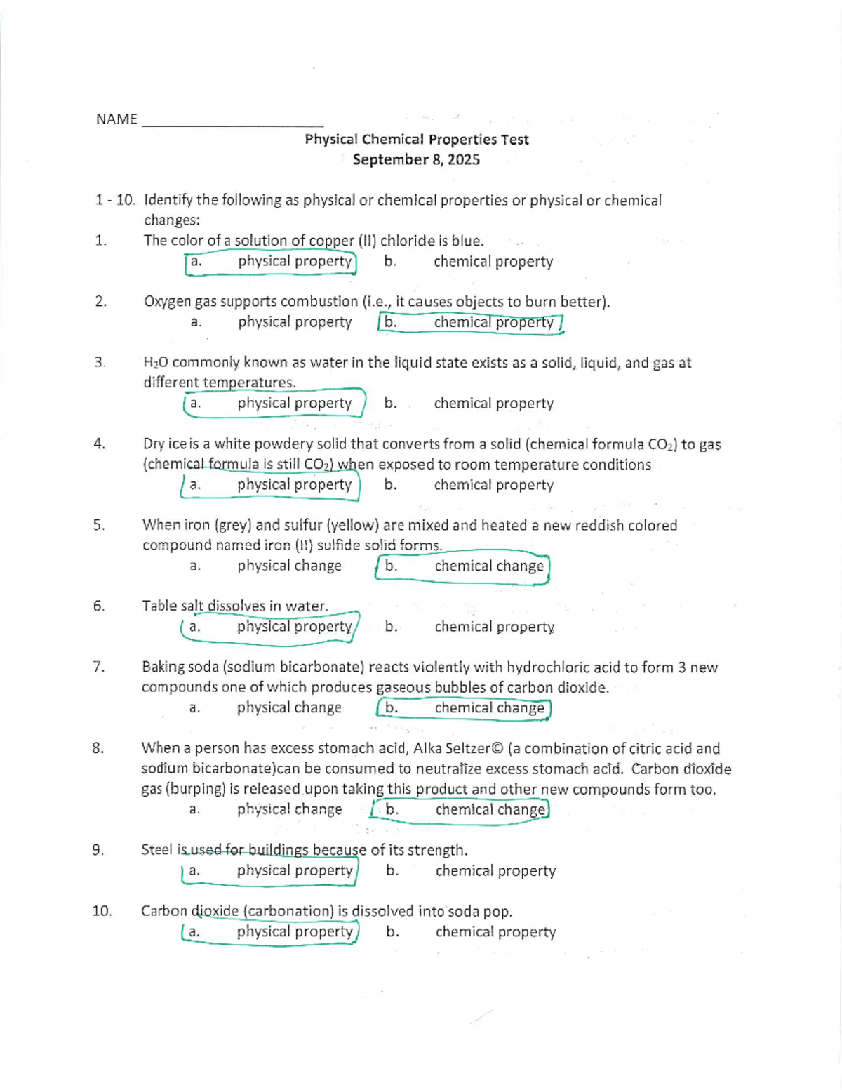 NAME Physical and Chemical Properties Test - September 8, 2025 - Studocu