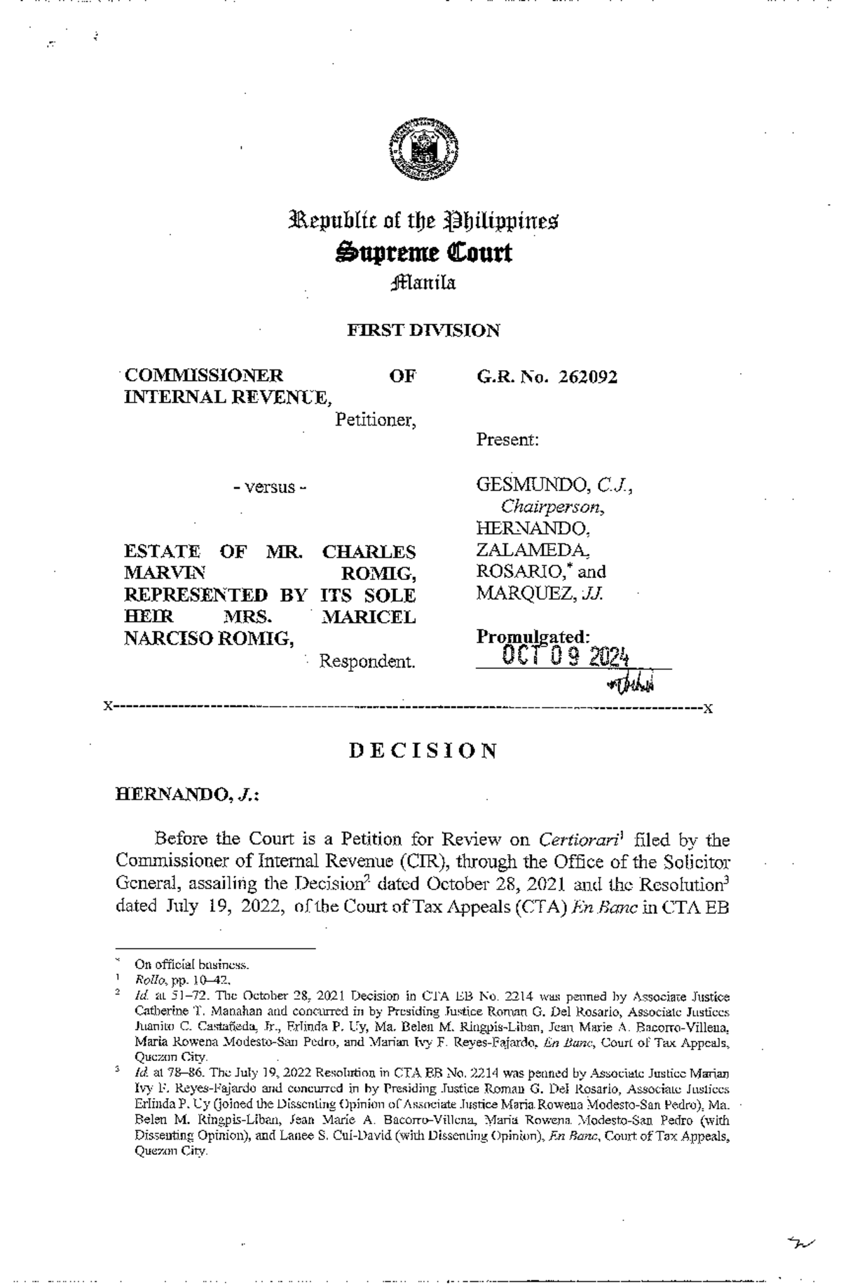 CIR vs. Romig Estate: Supreme Court Decision on Tax Refund (G.R. No ...