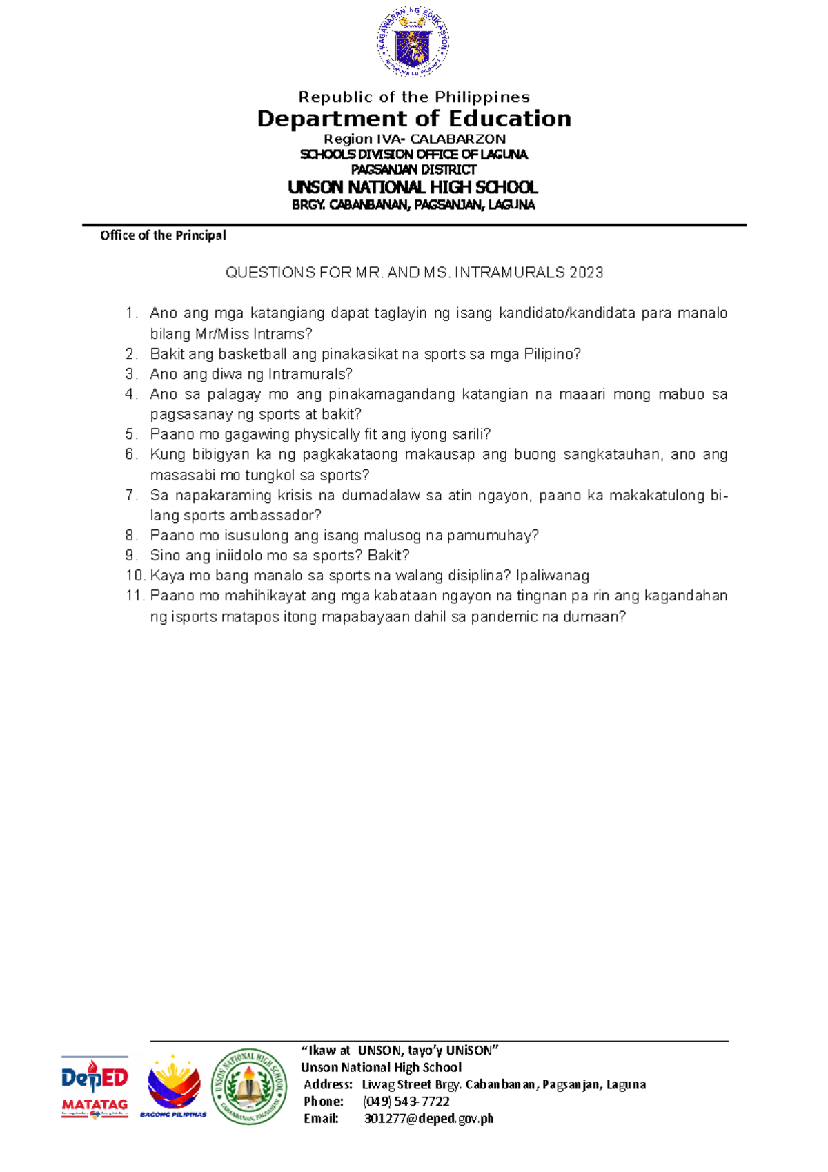Questions for Mr. and Ms. Intramurals 2023 - UNSON National HS - Studocu