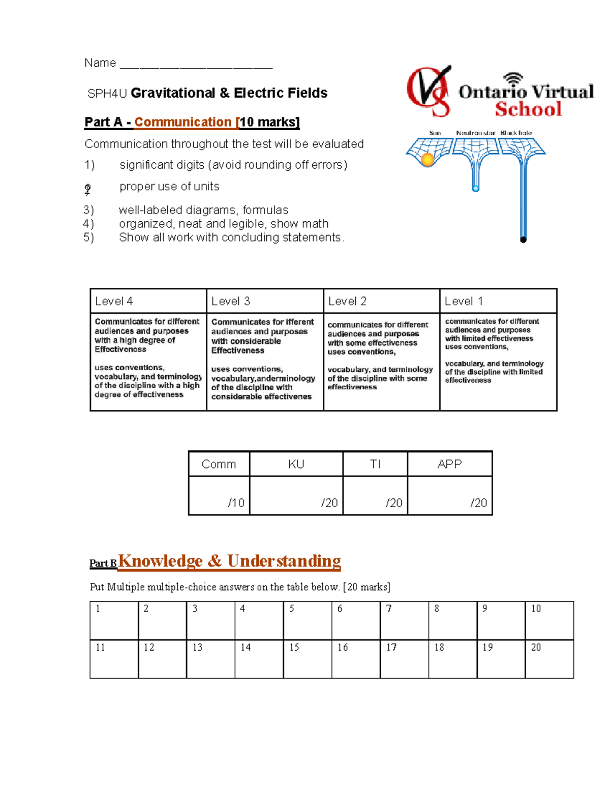 SPH4U Gravitational & Electric Fields Test Communication Guide - Studocu