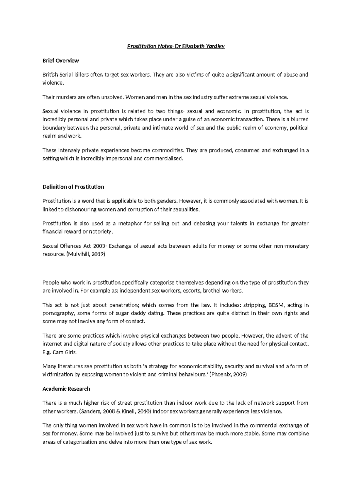 Prostitution Notes - Lecture by Dr Elizabeth Yardley - Prostitution ...