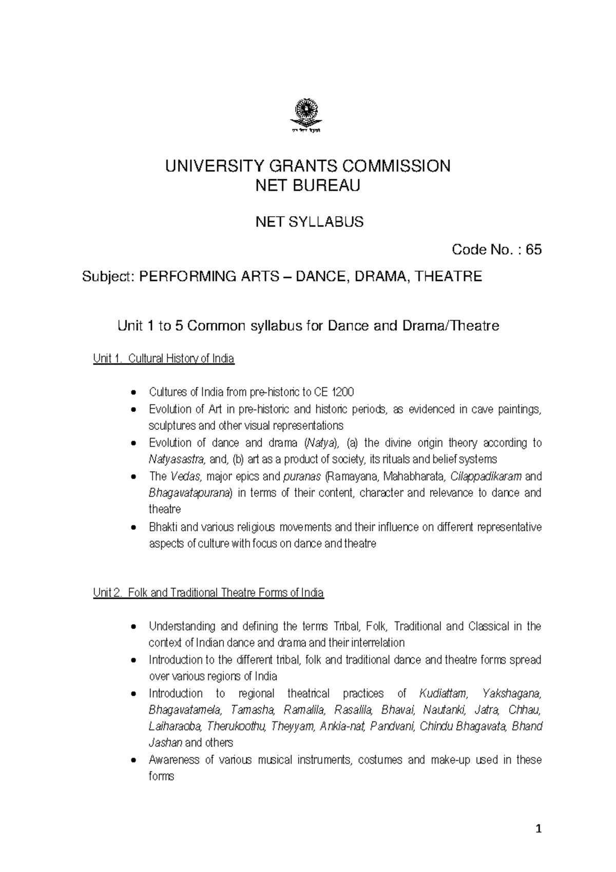 Performing Arts Syllabus: UGC NET Code No. 65 - Units 1 to 10 - Studocu