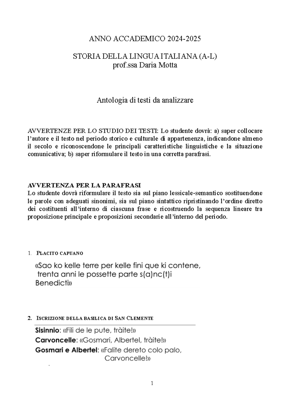 Antologia di Testi per Storia della Lingua Italiana - Prof.ssa Motta ...
