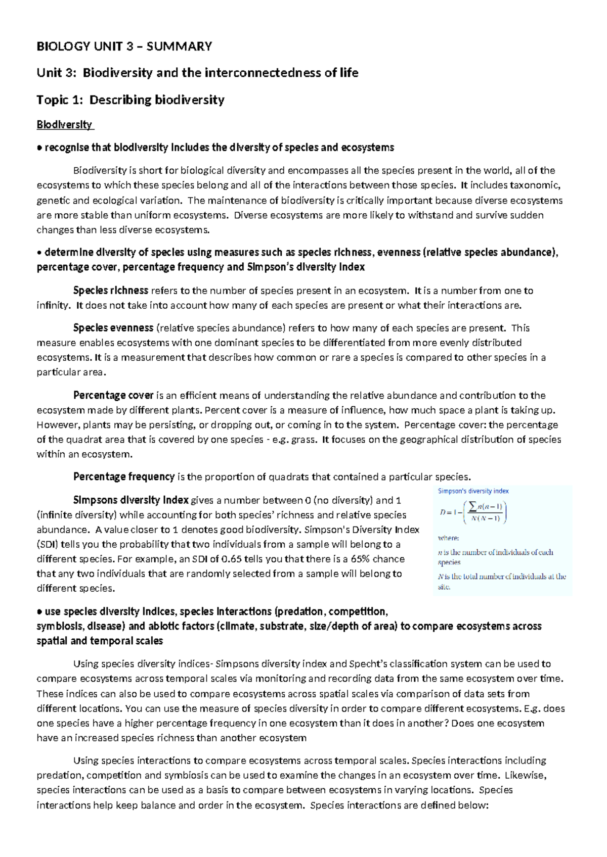 Biology UNIT 3 - Biodiversity Study Notes and Key Concepts - Studocu