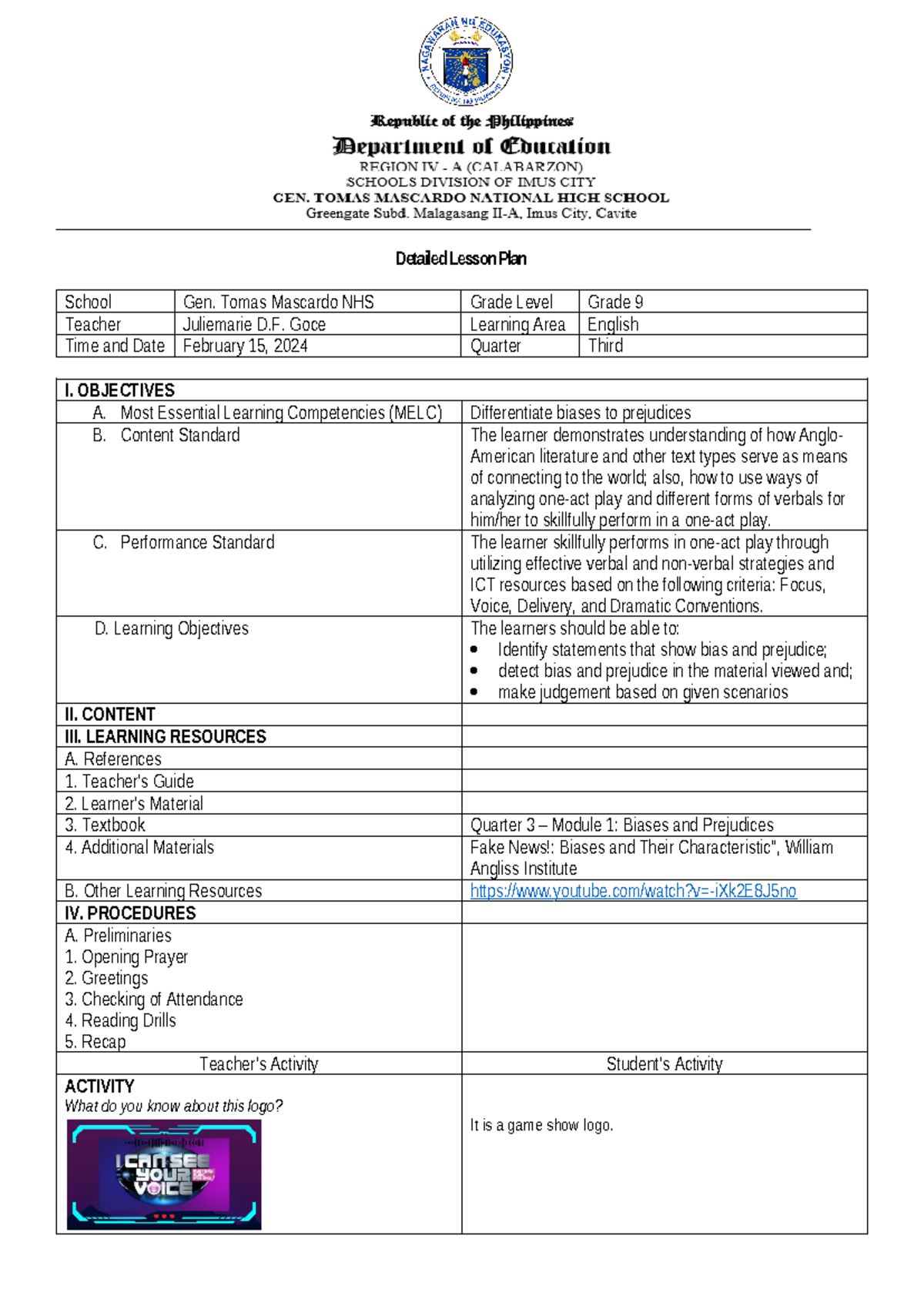 DLP - Lesson Plan on Bias and Prejudice for Grade 9 English - Studocu