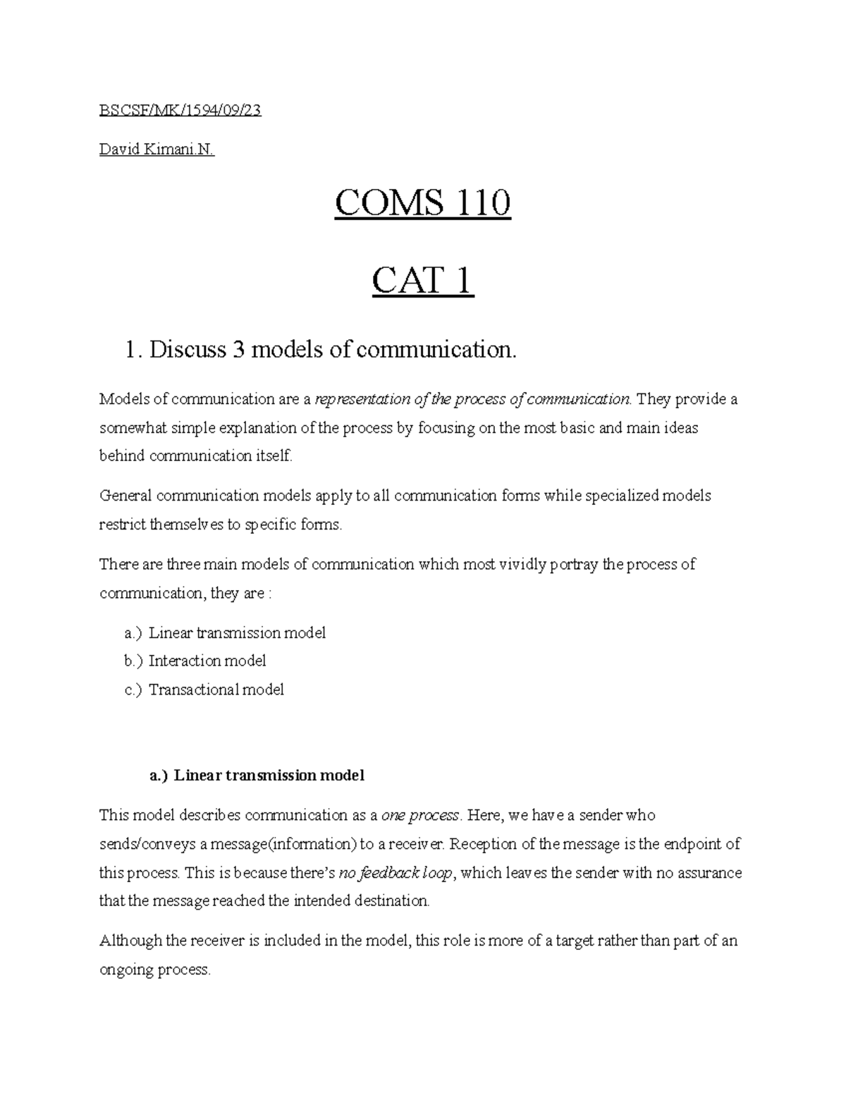 COMS 110 CAT 1: Communication Models and Their Processes - Studocu