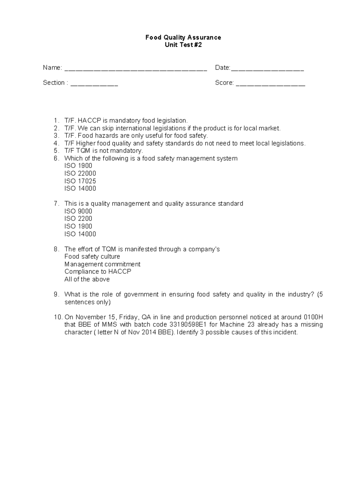 FQA Unit Test 2 - practice material for food quality assurance - Food ...