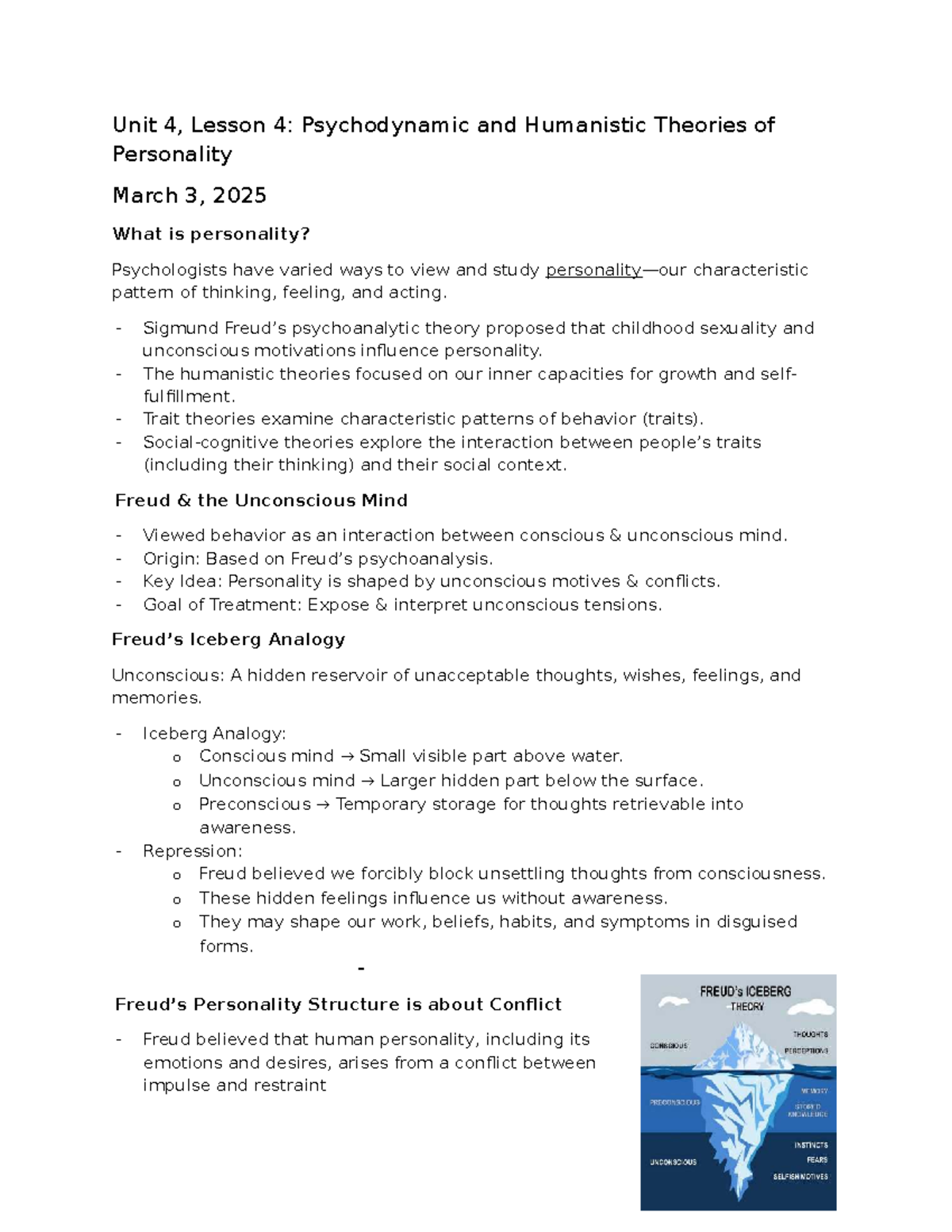 Unit 4 Exam Review: Psychodynamic & Humanistic Theories of Personality ...