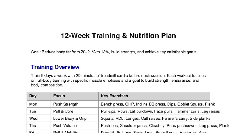 12 Week Training & Nutrition Plan: Fat Loss & Strength Goals - Studocu