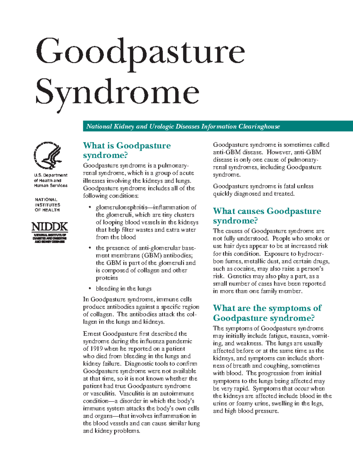 Goodpasture Syndrome Overview and Insights - NIH Publication 508 - Studocu