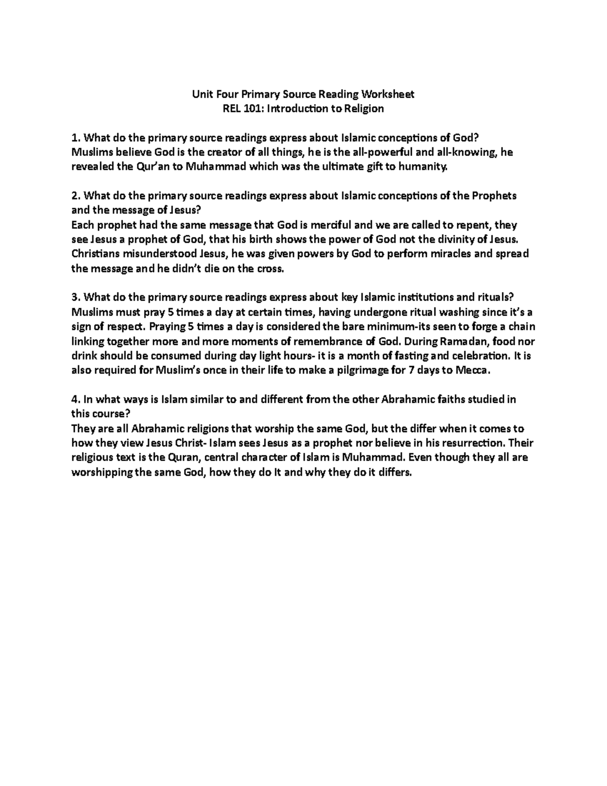 REL 101: Unit Four Primary Source Reading Worksheet Analysis - Studocu