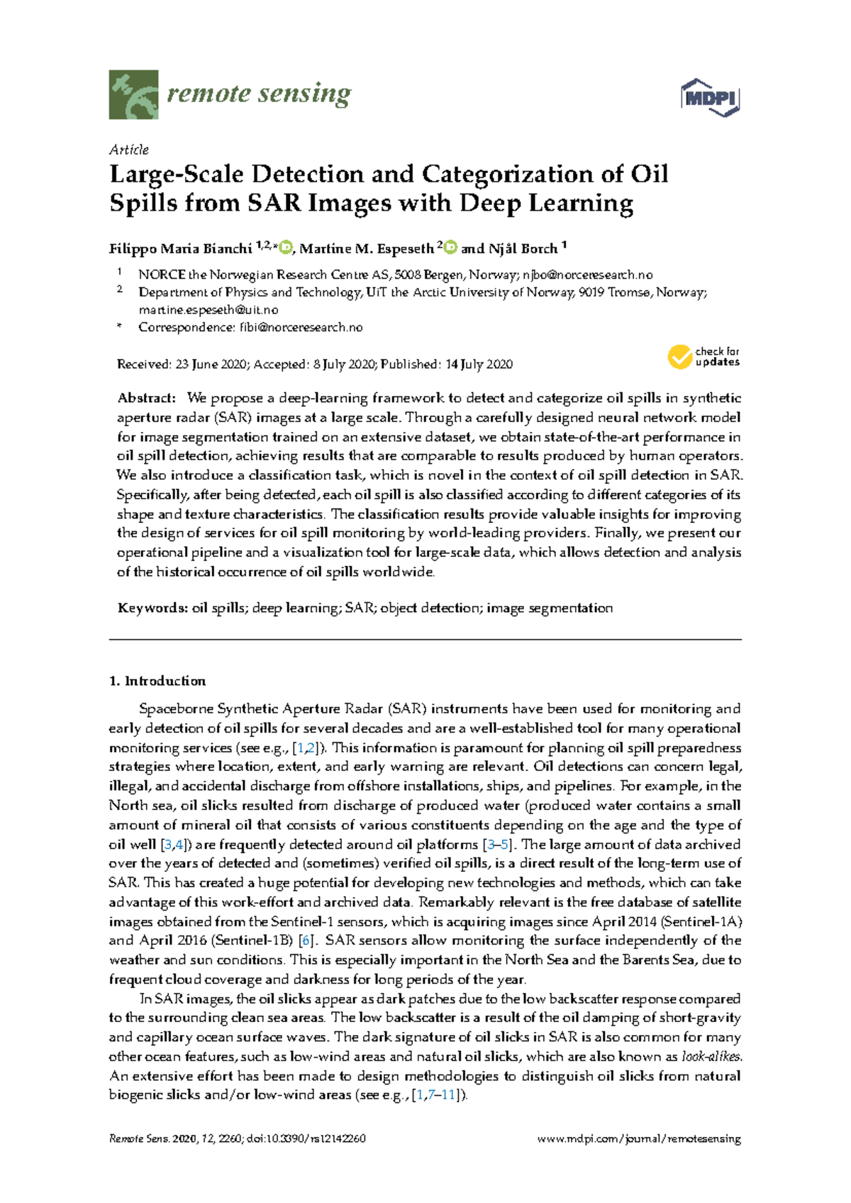Detection and Categorization of Oil Spills from SAR Images (Remote ...