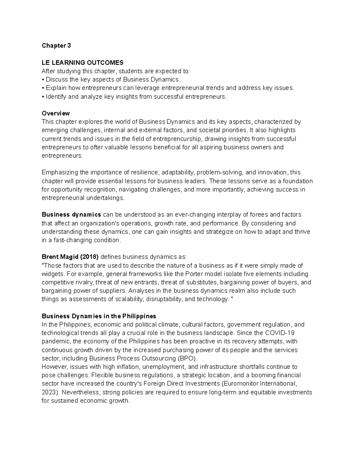 Chapter 3: Business Dynamics and Entrepreneurial Insights (ENTREP 101) - Studocu