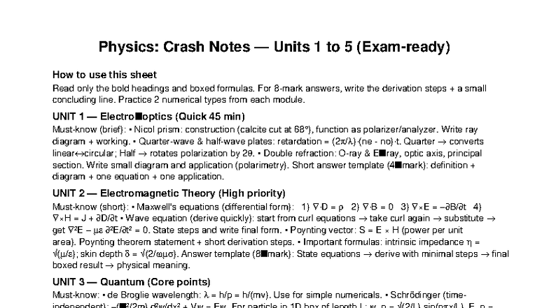 Physics 5unit crash notes - Physics: Crash Notes — Units 1 to 5 (Exam ...