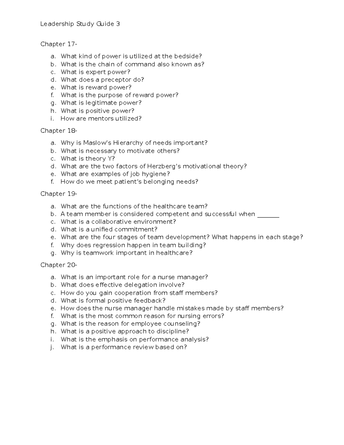 Leadership Study Guide #3: Key Concepts in Nursing Power and Teamwork ...