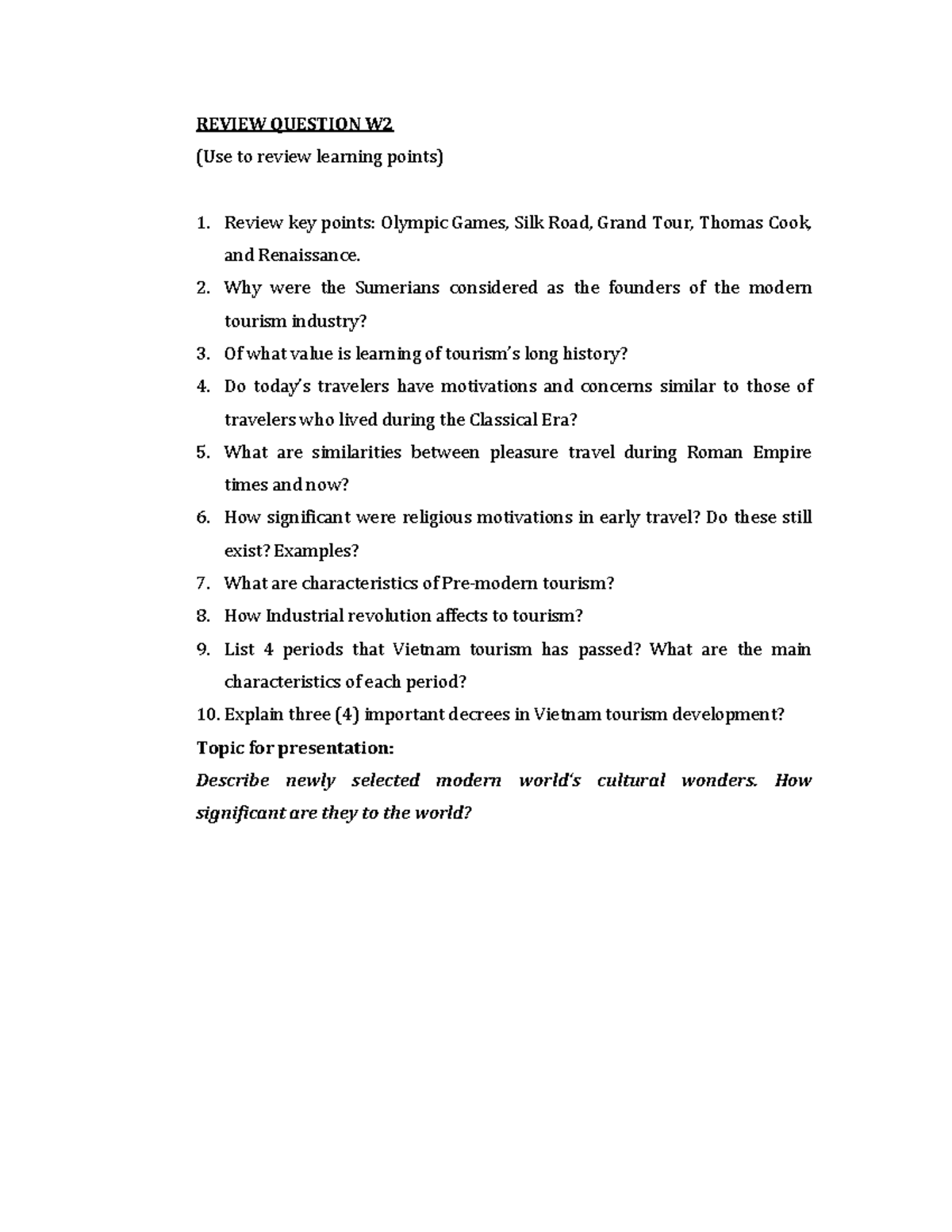 REVIEW QUESTIONS W2: Key Points in Tourism History and Development ...