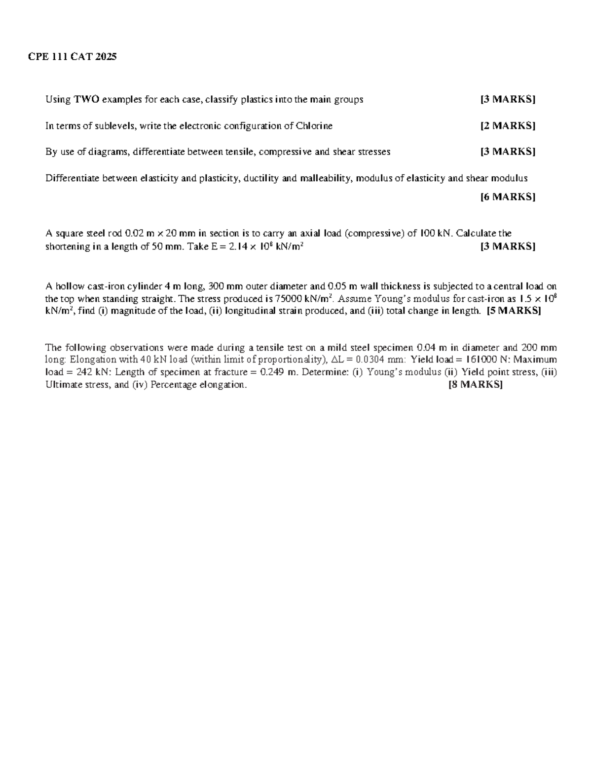 CPE 111 CAT1: Classification of Plastics & Stress Analysis Examples ...