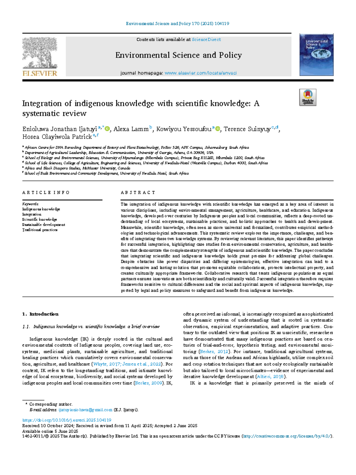 Integration of Indigenous Knowledge and Scientific Knowledge: A ...