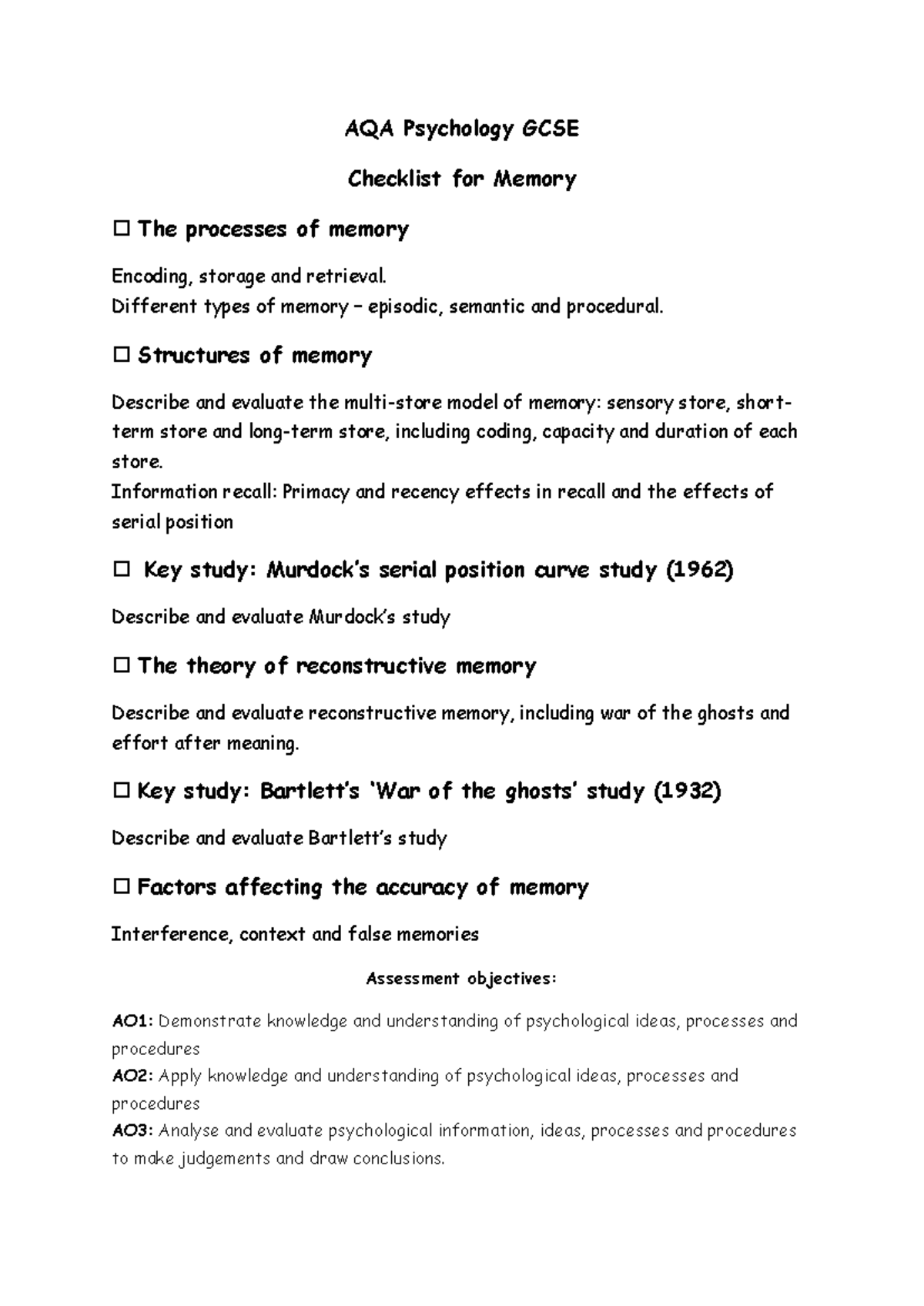 Memory checklist - AQA Psychology GCSE Checklist for Memory The ...