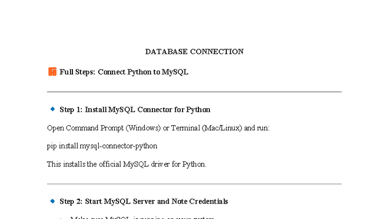 DATABASE CONNECTION: Python to MySQL Integration Guide - Studocu