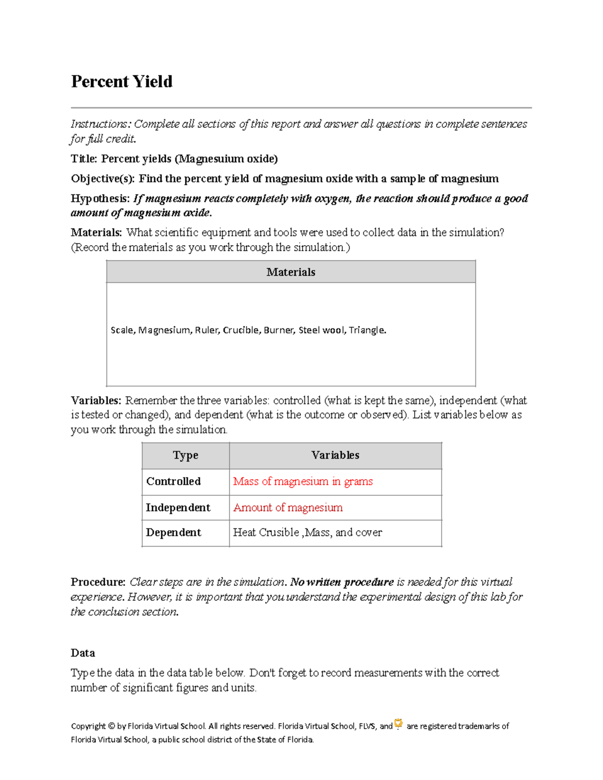 Percent Yield Lab Report: MgO Analysis (FLVS) - Studocu