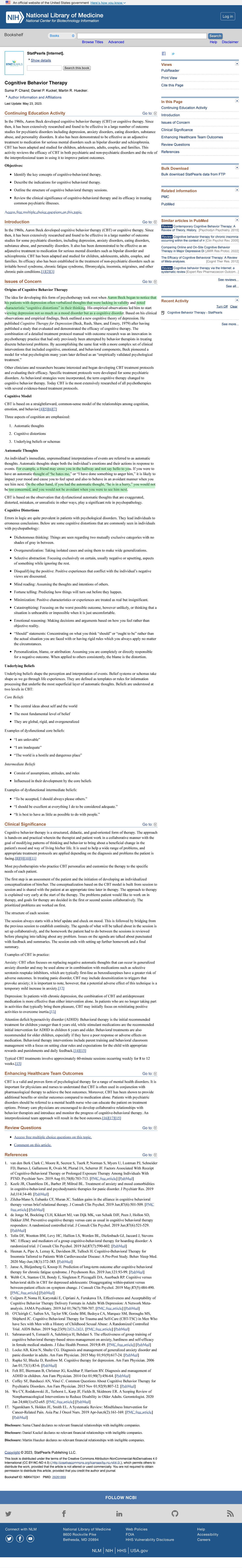 Cognitive Behavior Therapy Overview - Stat Pearls - NCBI Bookshelf ...