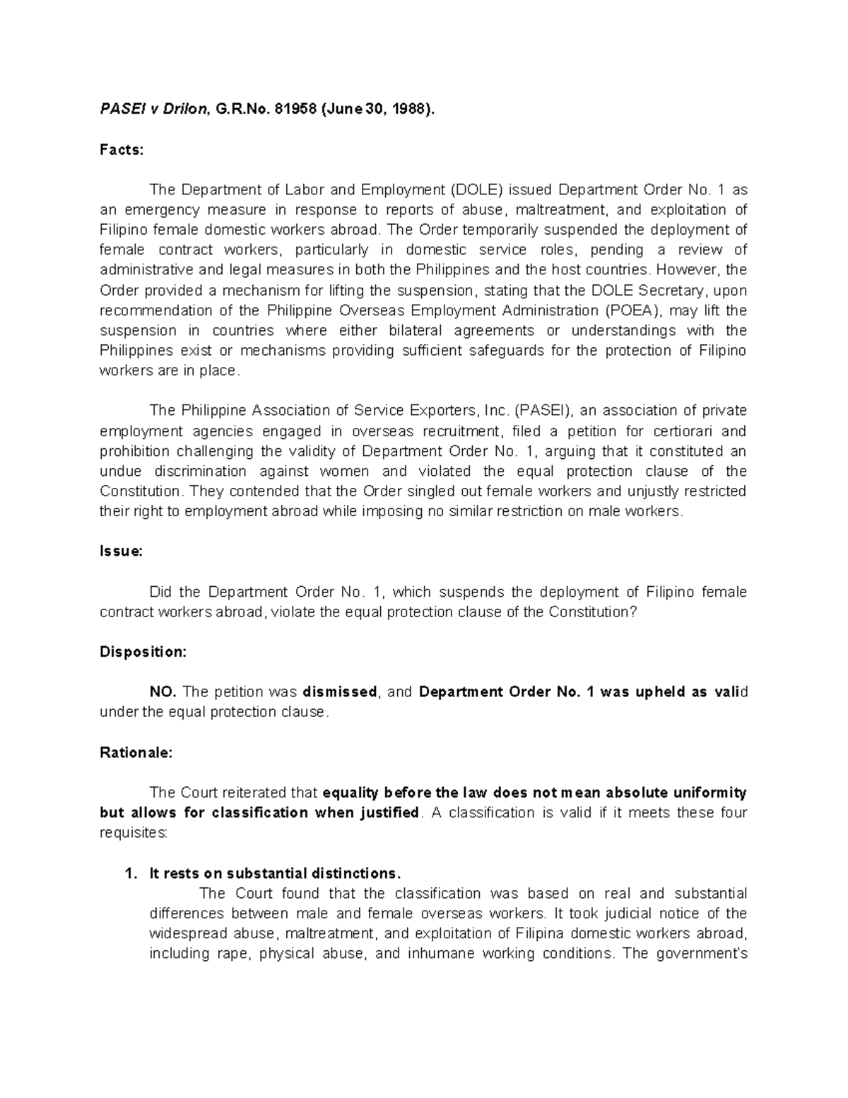PASEI v Drilon, G.R.No. 81958: Equal Protection Clause Analysis - Studocu