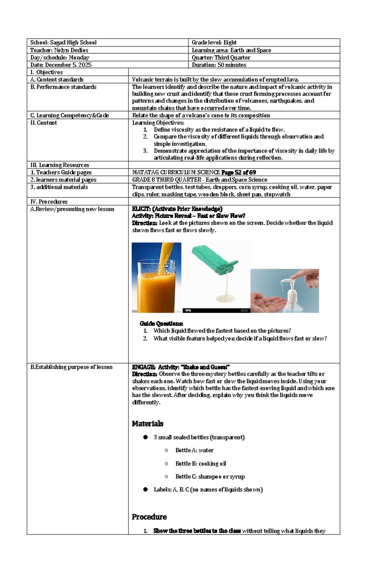 Grade 8 Science Lesson Plan: Viscosity and Volcanic Activity - Studocu