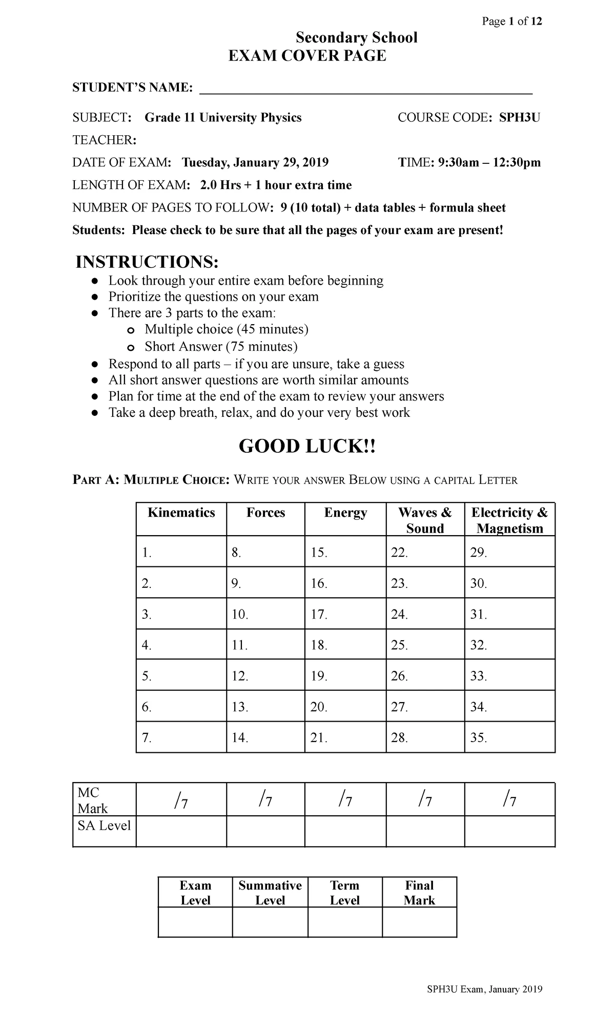 SPH3U Grade 11 University Physics Final Exam - January 2019 - Studocu