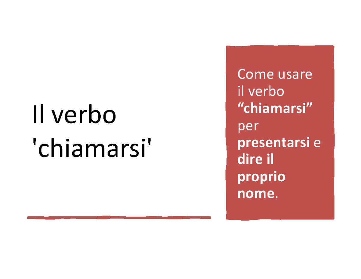 04. Chiamarsi: Uso del Verbo per Presentarsi e Dire il Nome - Studocu