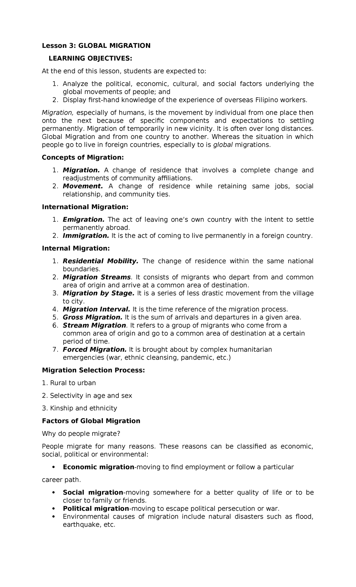 Lesson 3: Global Migration Dynamics and Overseas Filipino Workers ...