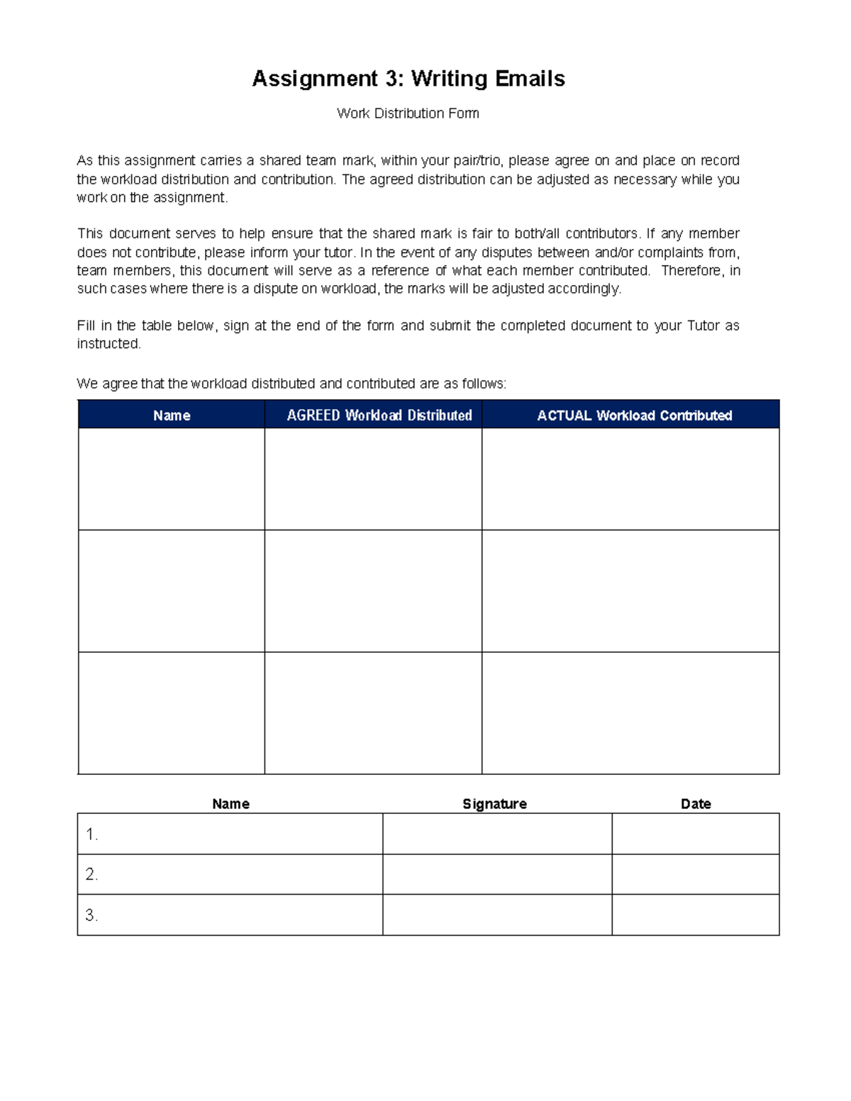 Assignment 3: Team Work Distribution & Contribution Form - Studocu