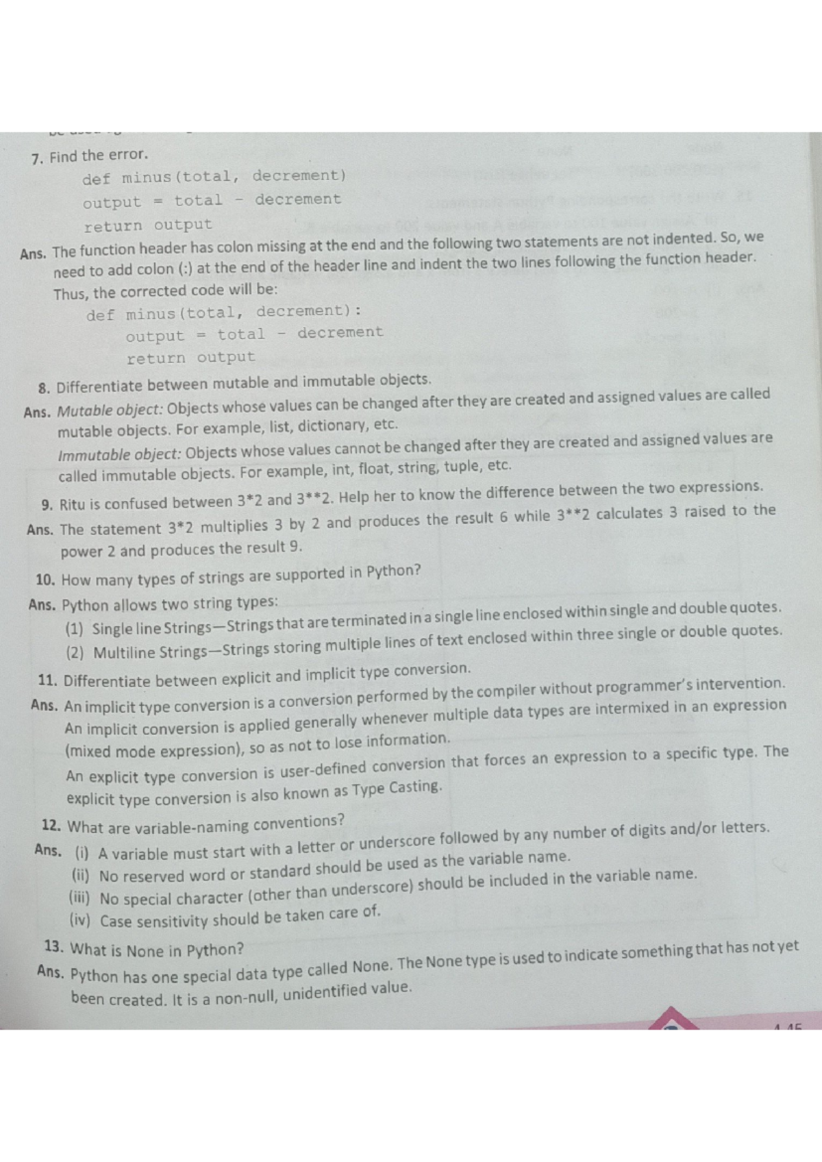 Class 11 CS Python Fundamentals: Q&A on Functions & Data Types - Studocu