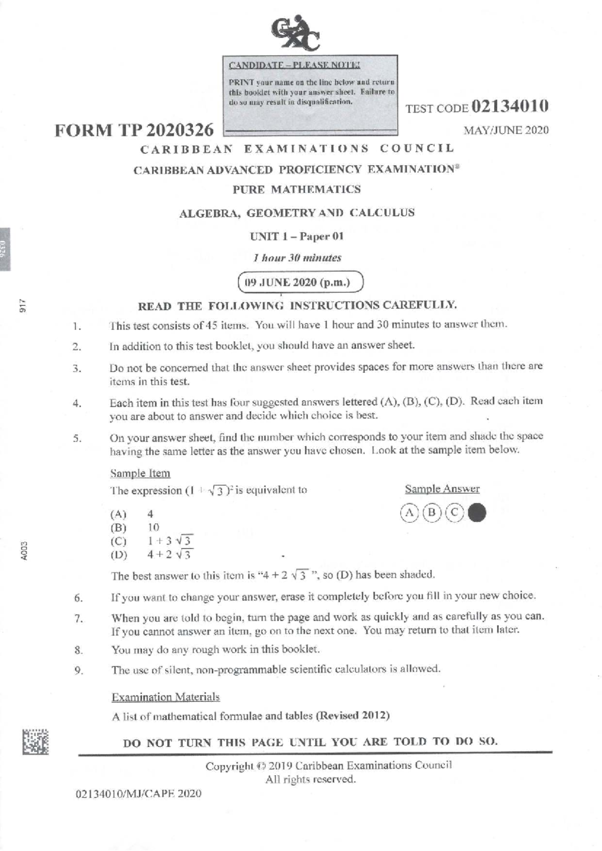 CAPE Pure Mathematics 2020 Unit 1 Paper 01 Examination Guide - Studocu