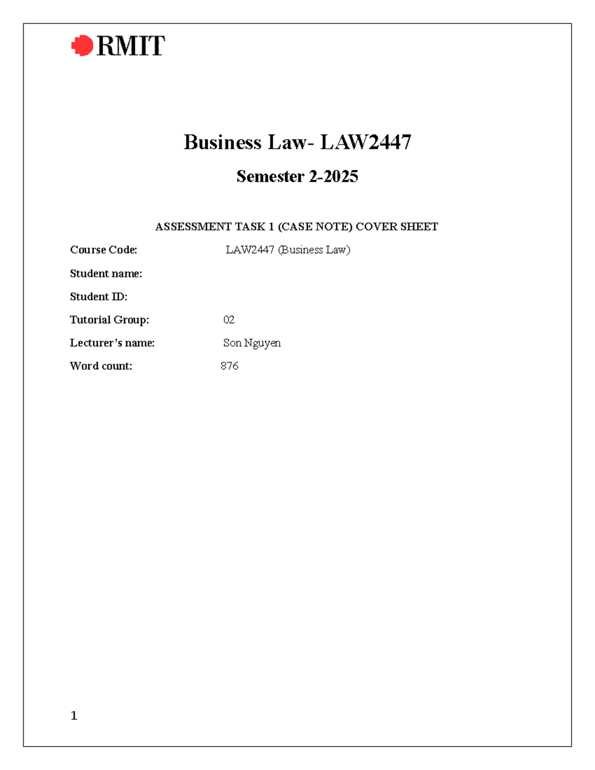 LAW2447 Business Law Case Note Analysis - Assessment Task 1 - Studocu