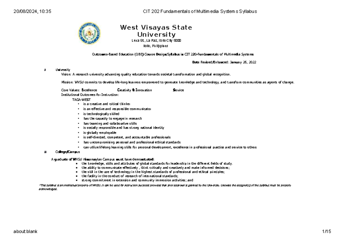 CIT 202 Syllabus: Fundamentals of Multimedia Systems at WVSU - Studocu