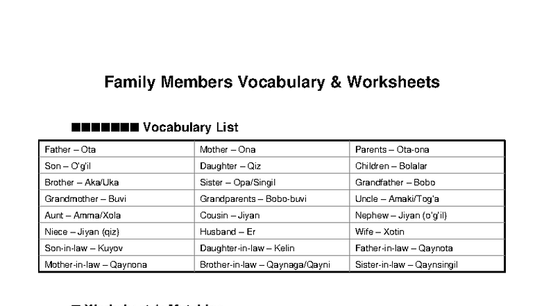 Family Members Vocabulary Worksheets: Engaging Activities - Studocu
