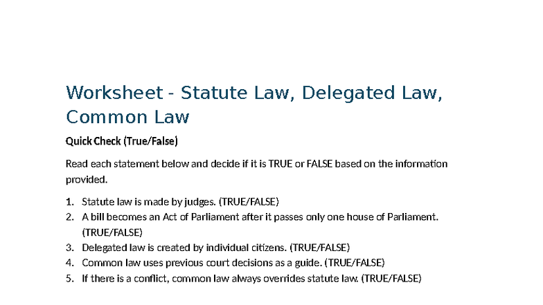 02 Worksheet Statute Delegated Common law - Worksheet - Statute Law ...