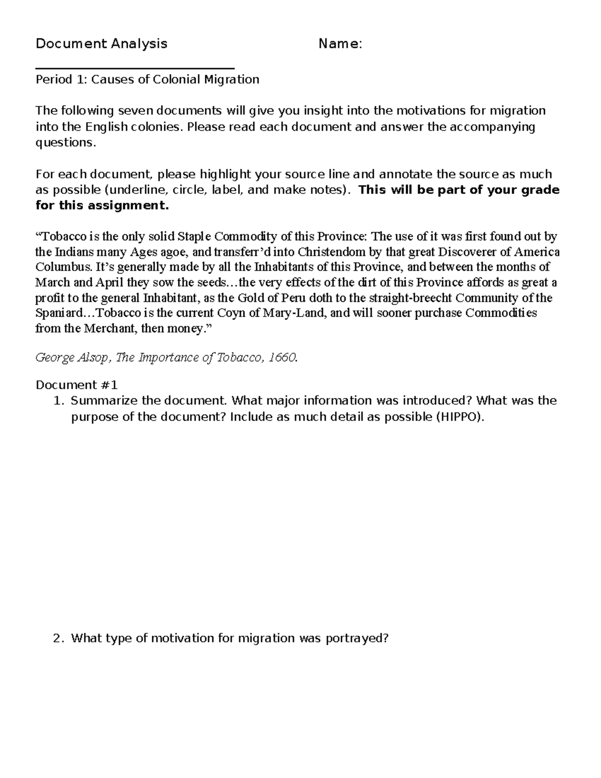 APUSH Document Analysis: Causes of Colonial Migration - Studocu