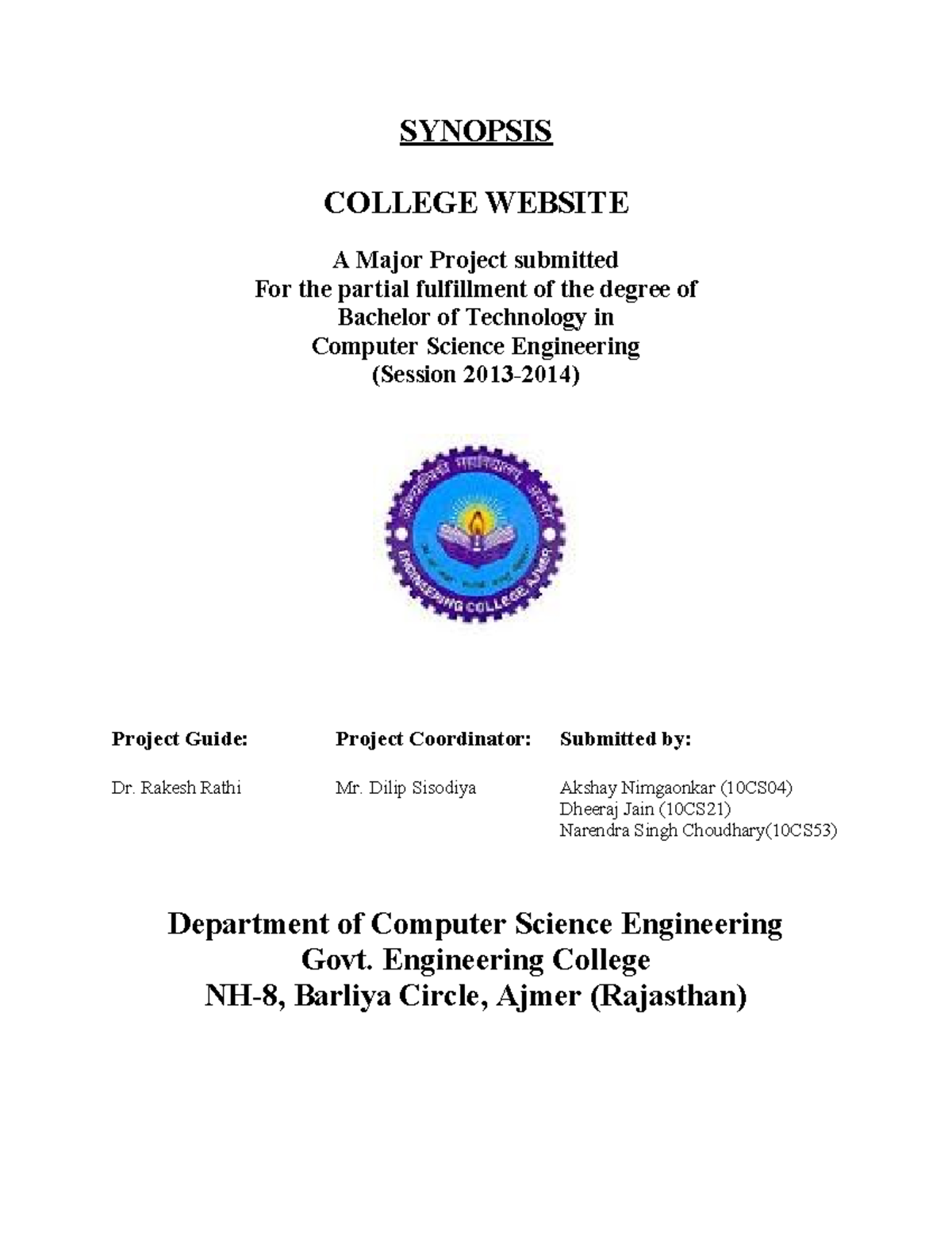 Synopsis of College Website Project (B.Tech CSE, 2013-2014) - Studocu